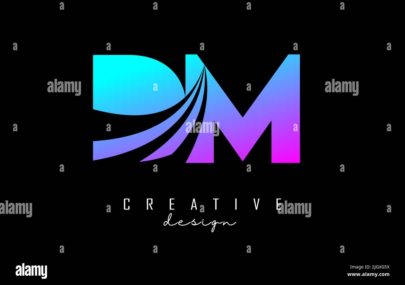 Creative colorful letter DM d m logo with leading lines and road ...