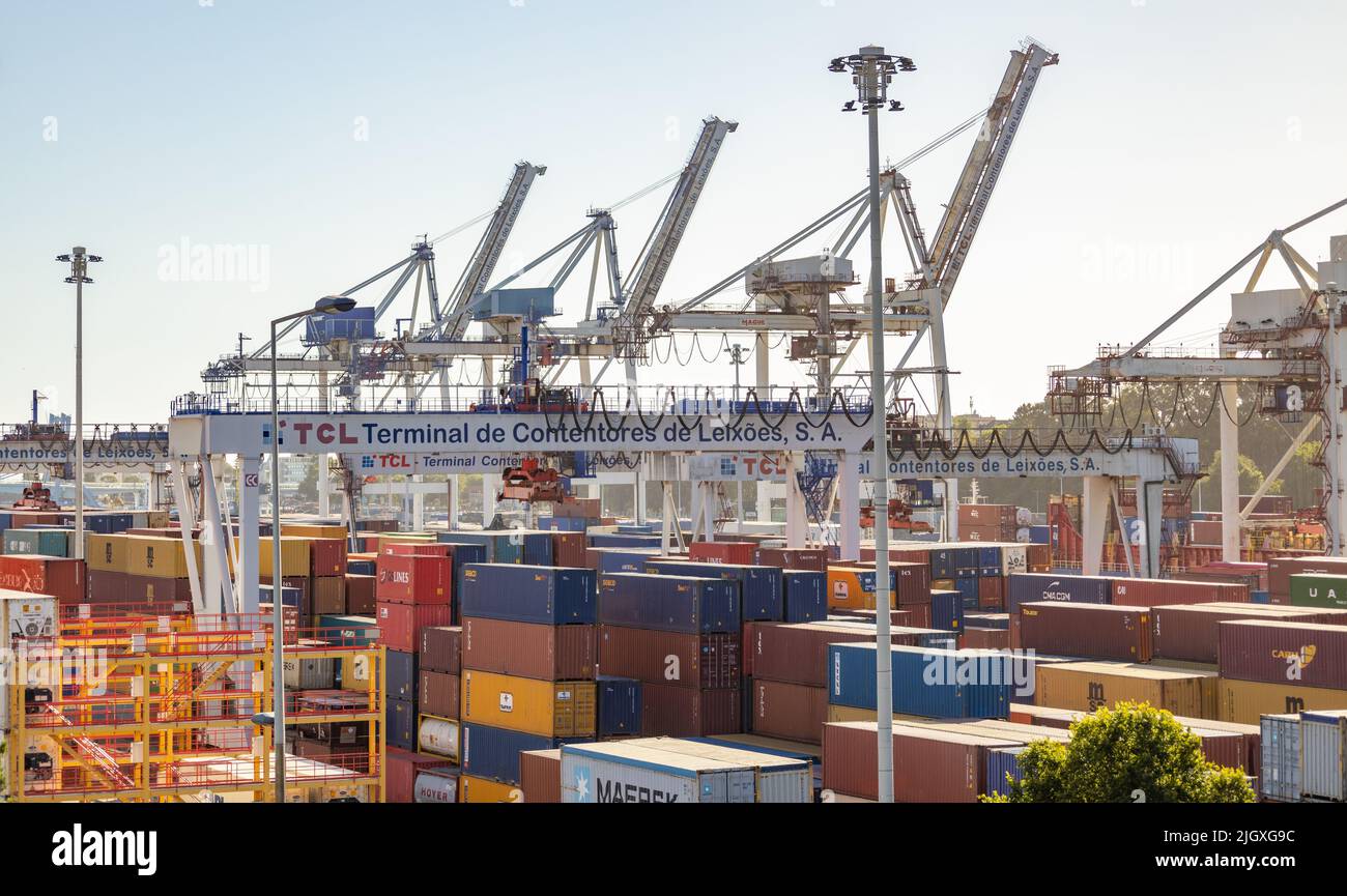 A picture of colorful cargo containers at the Leixões Container ...