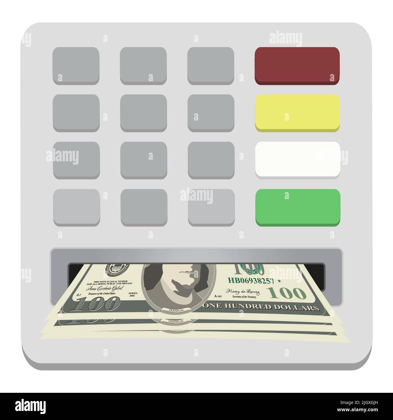 Cash dollars in slot of ATM machine with keypad isolated on white ...