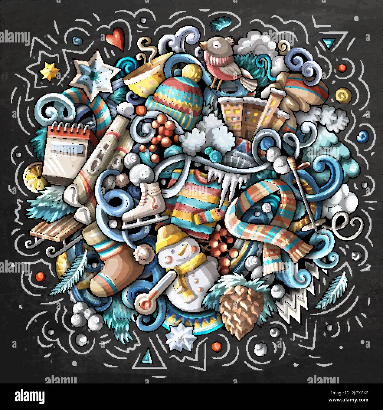 Hello Winter hand drawn doodles colorful vector illustration Stock ...