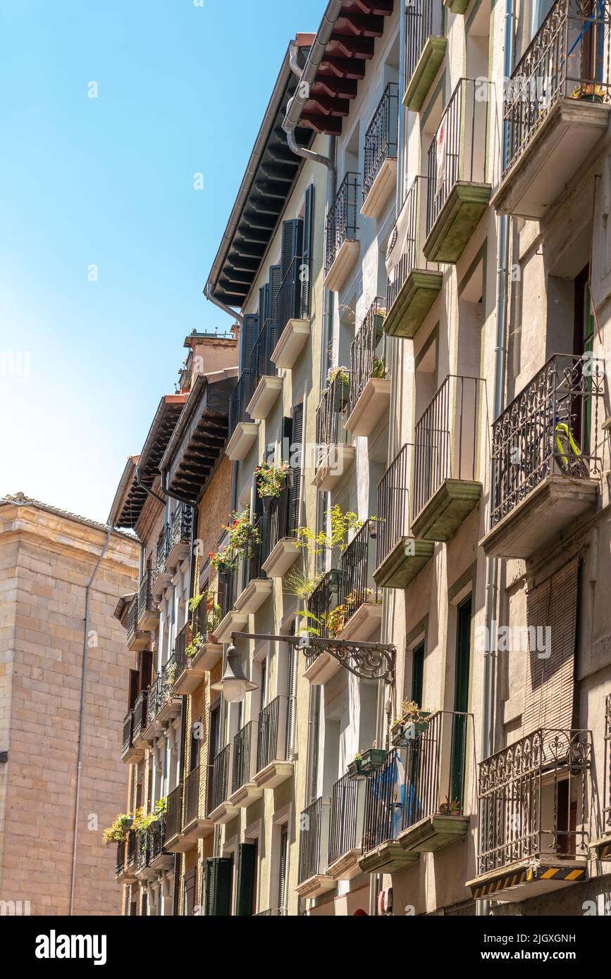 Beautiful building architecture in Pamplona city. Coloured buildings ...