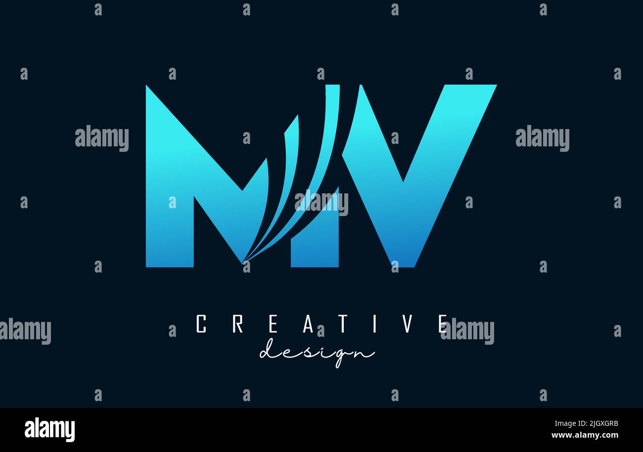 Creative blue letter MV m v logo with leading lines and road concept ...