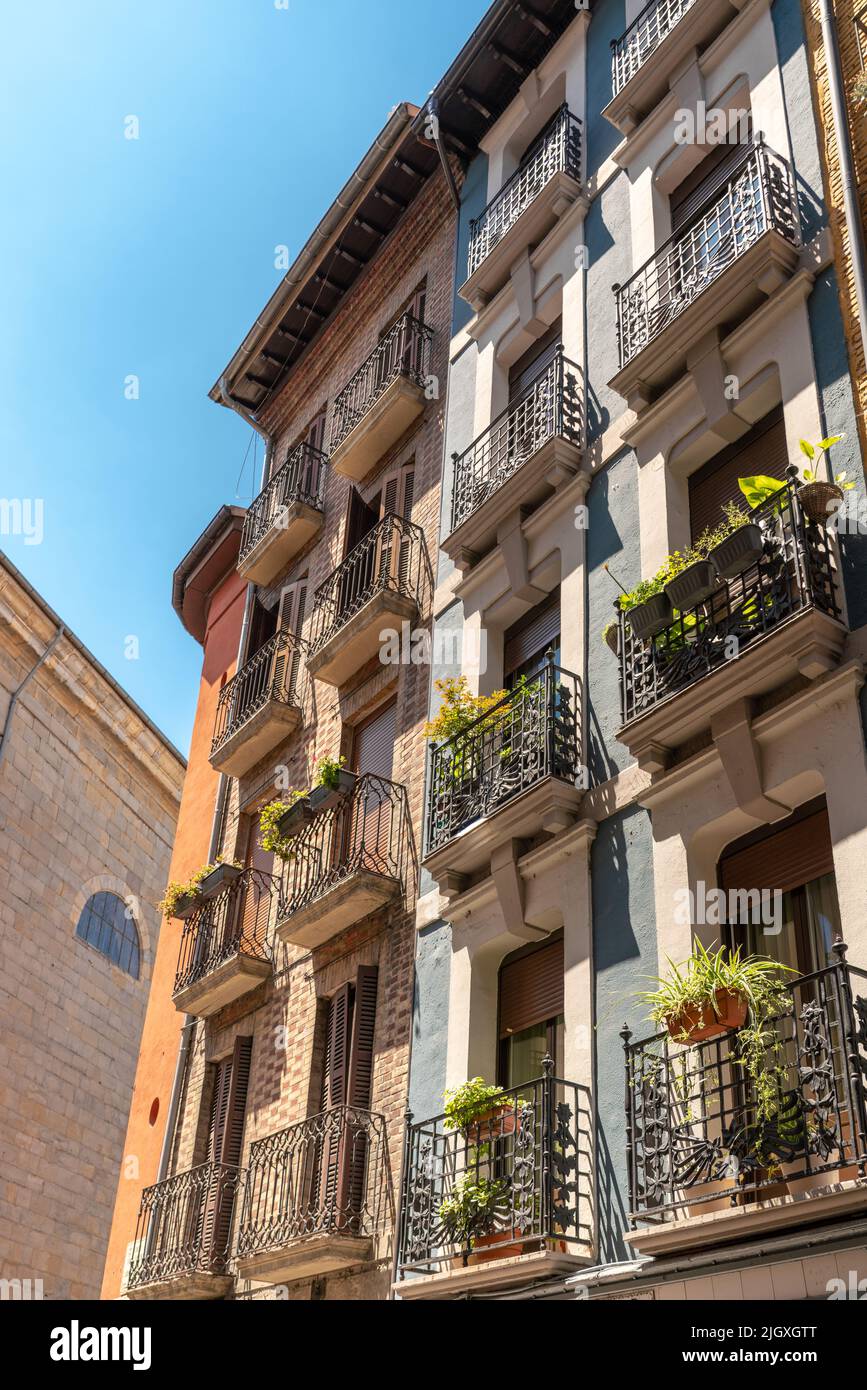 Beautiful building architecture in Pamplona city. Coloured buildings ...
