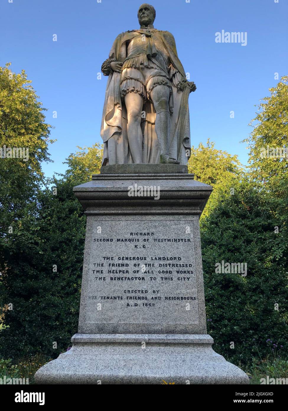 A low-angle view of Richard Grosvenor's statue in Chester, England, UK ...