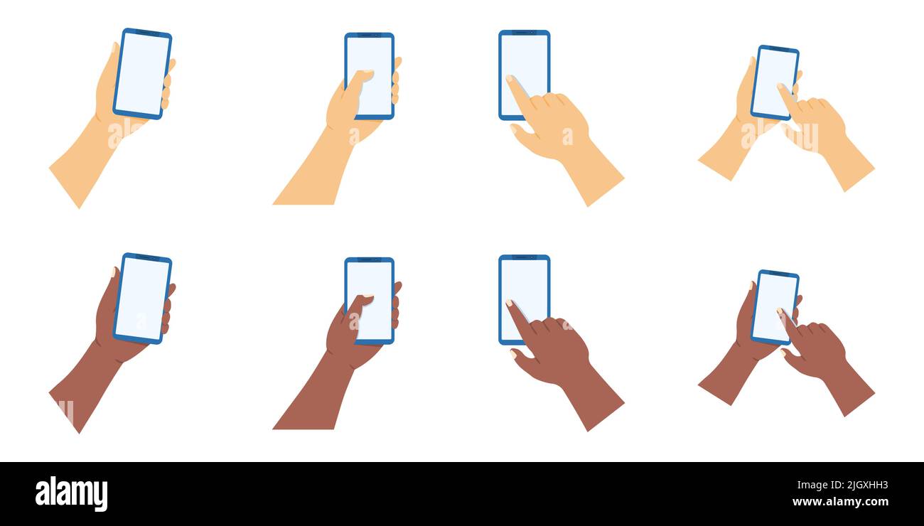 Hands with phones, using a mobile device vector illustration on white ...