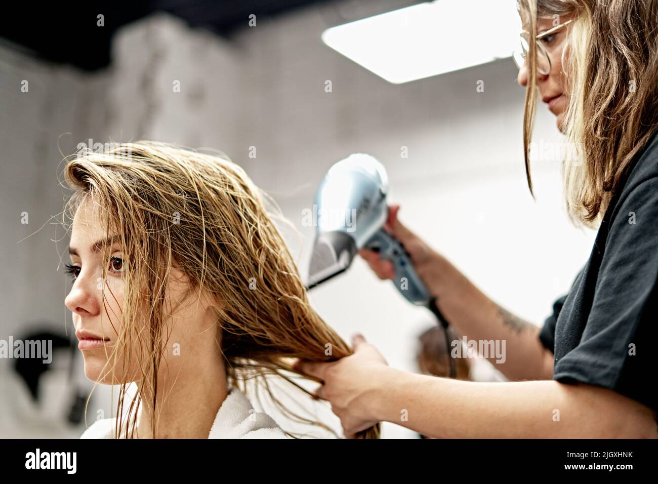 Professional hairdresser doing hairstyle young hi-res stock photography ...