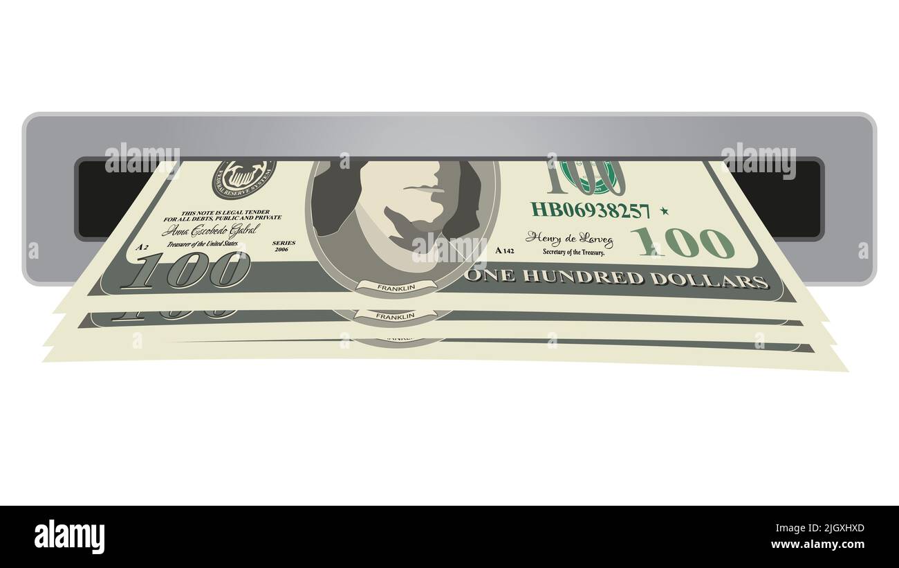 Cash 100 dollars in slot of ATM machine isolated on white background ...