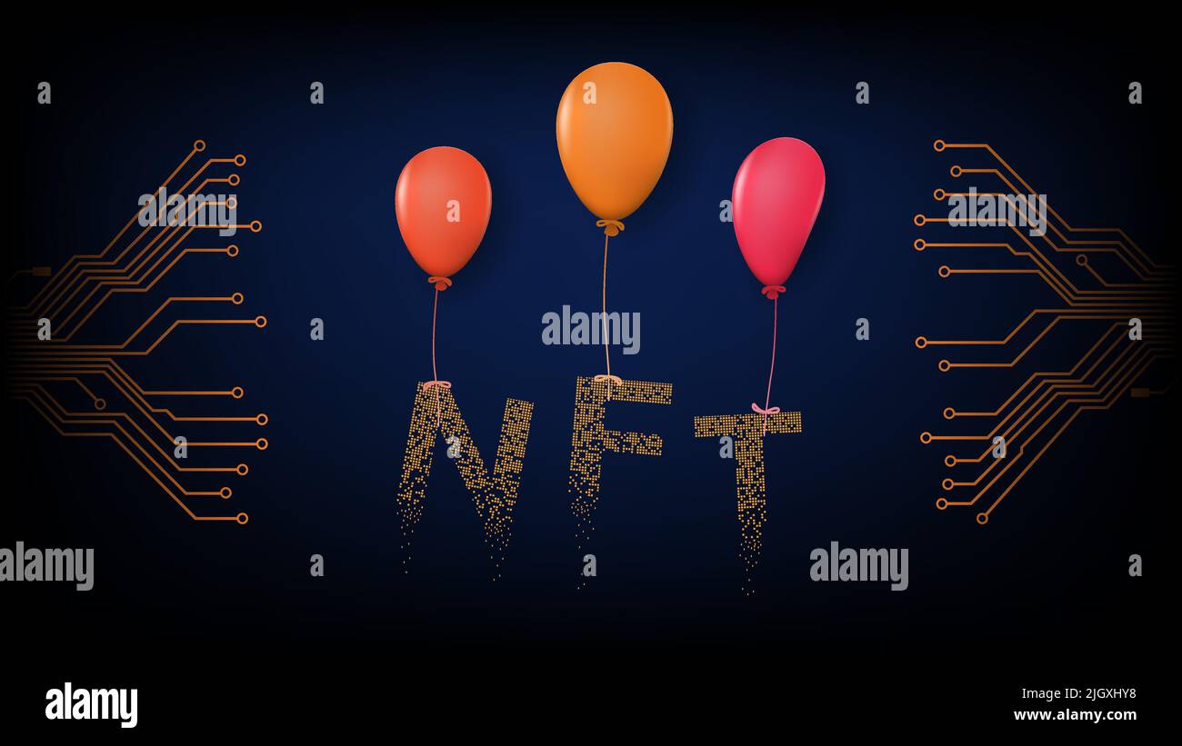 Word NFT non fungible token flies on colored balloons and PCB tracks on ...