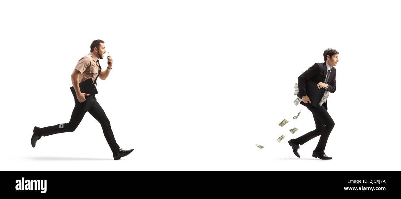 Full length profile shot of a security guard running after a ...