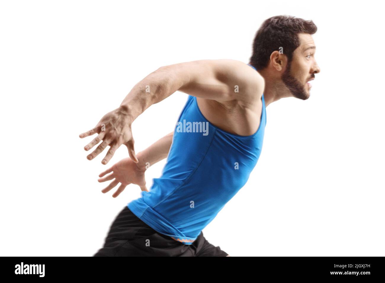 Fit strong muscular man running fast isolated on white background Stock ...