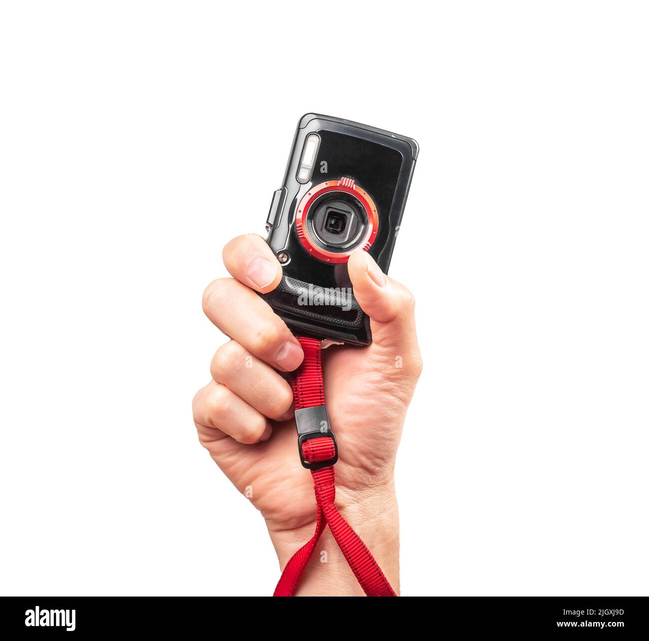 Woman hand holding point and shoot camera isolated on white background ...