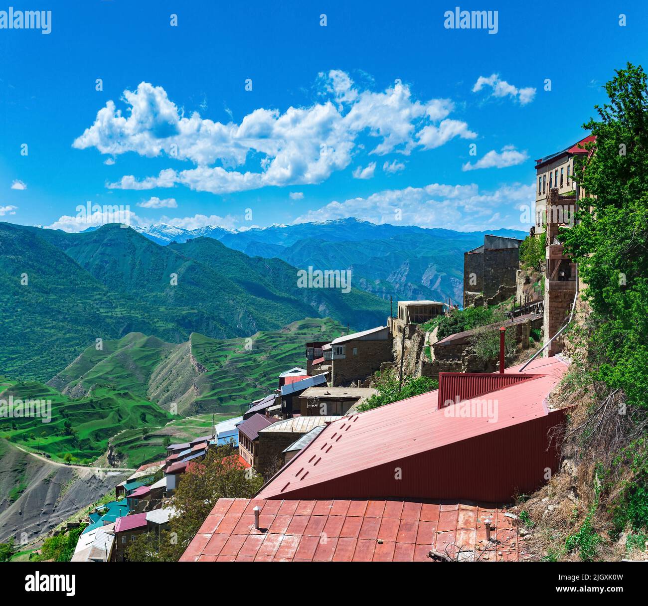 houses on a rocky slope in the mountain village of Chokh in Dagestan ...
