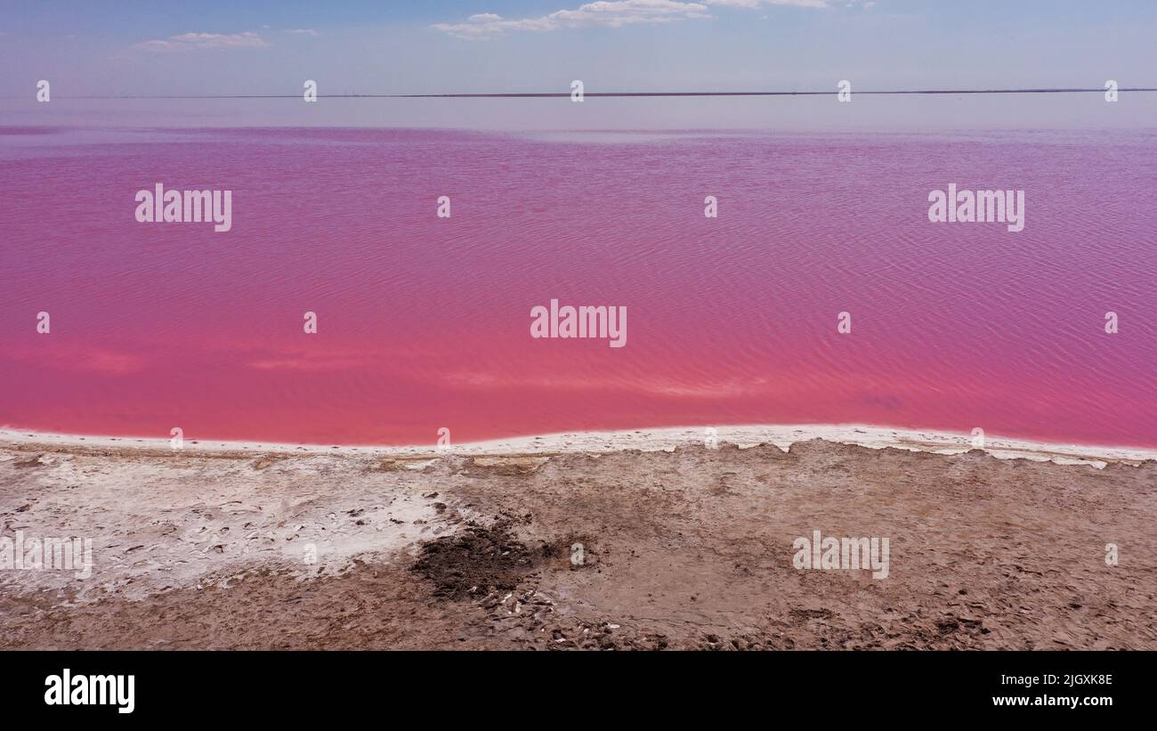 Aerial view of salt lake with pink water, lagoon Sivash, Ukraine ...