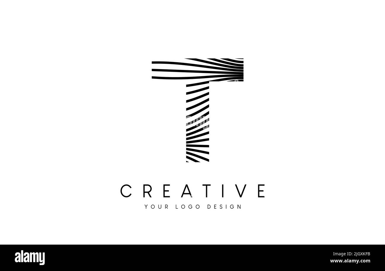 Warp Zebra Lines Letter T logo Design with Black and White Lines and ...