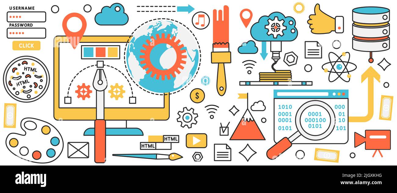 Web application development technology. Abstract computer monitor with ...