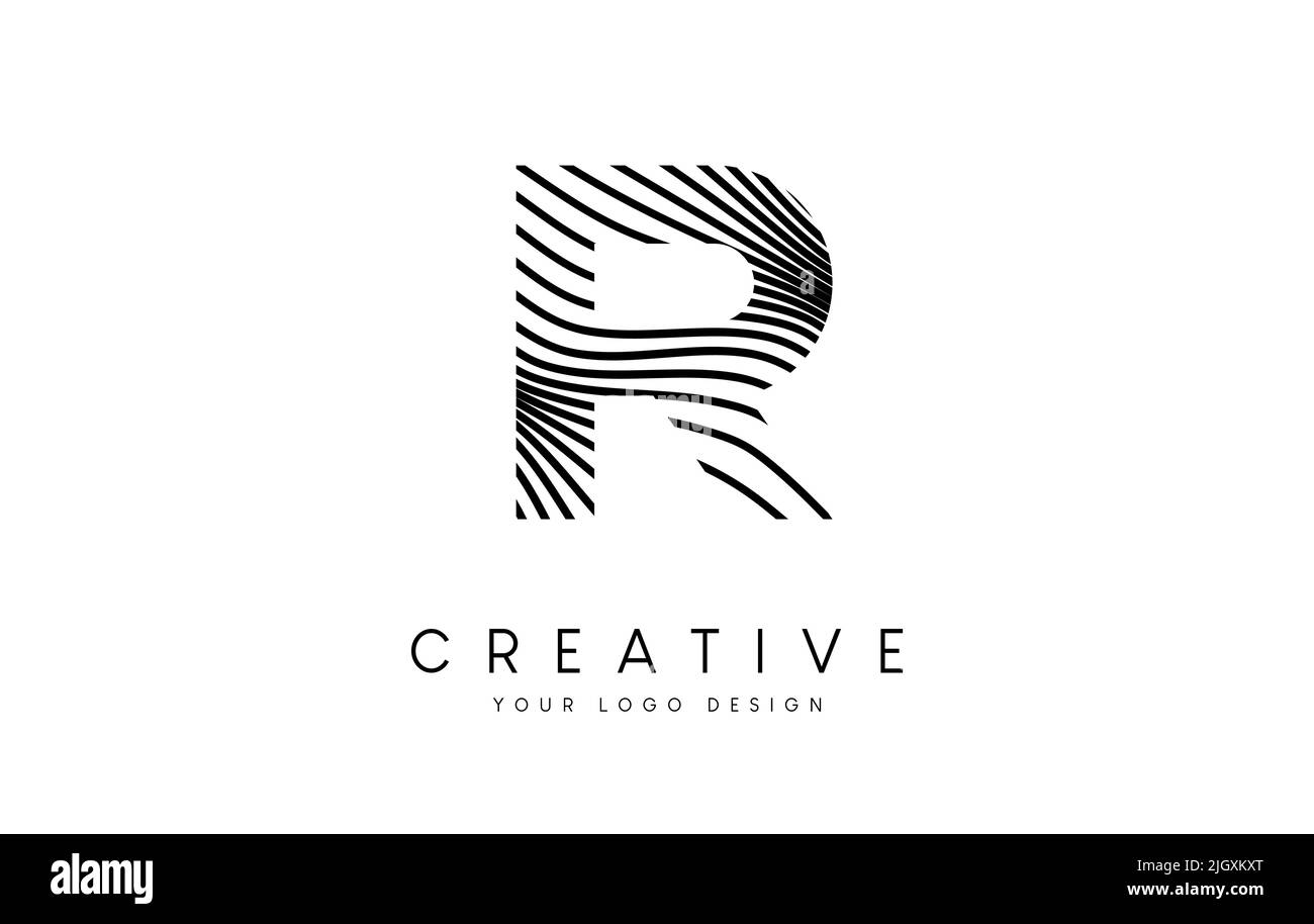 Warp Zebra Lines Letter R logo Design with Black and White Lines and ...