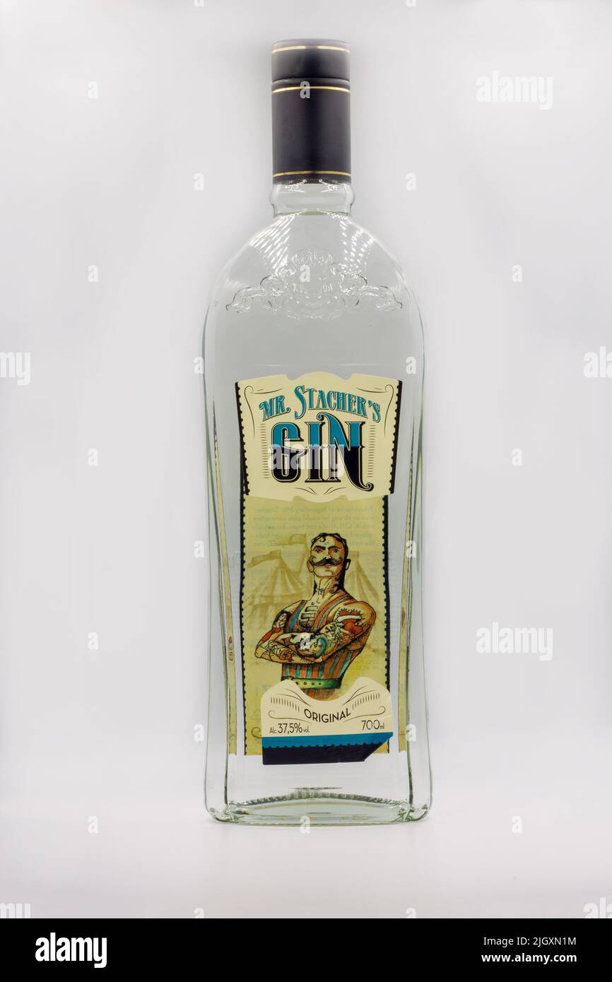 Kyiv, Ukraine - May 08, 2021: The original Mr. Stachers dry gin bottle ...