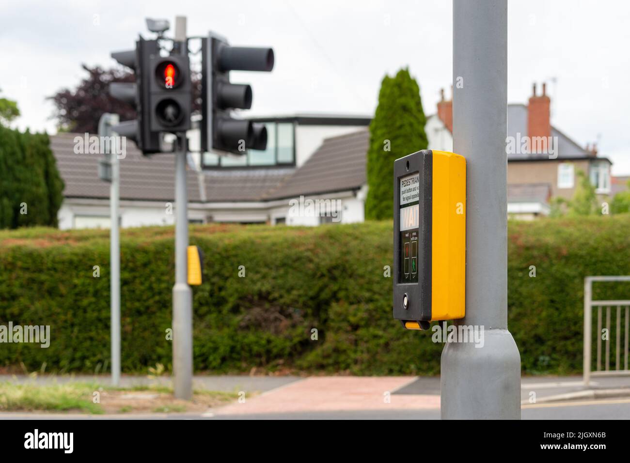 Pelican (historically Pelicon) crossing on a UK road. Pedestrians push ...