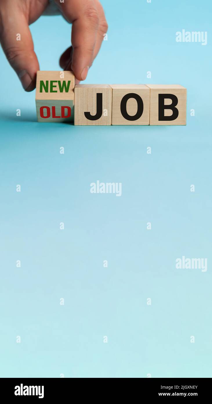 Old Job and New Job, Career change conceptual image. Hand is turning ...