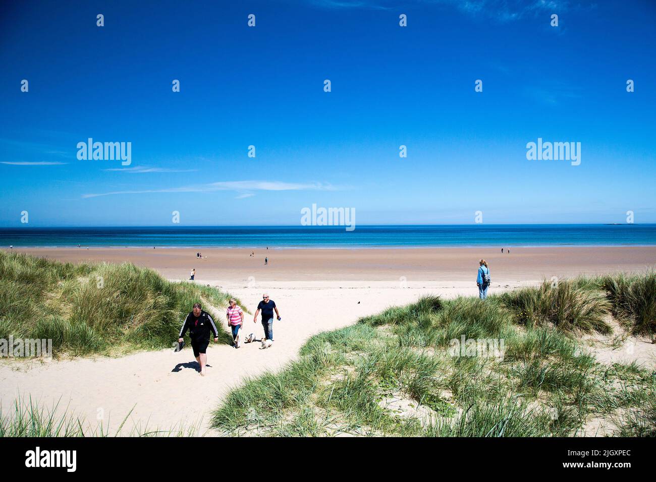 The beach at Bamburgh Castle, Bamburgh, Northumberland, UK ,on a bright ...