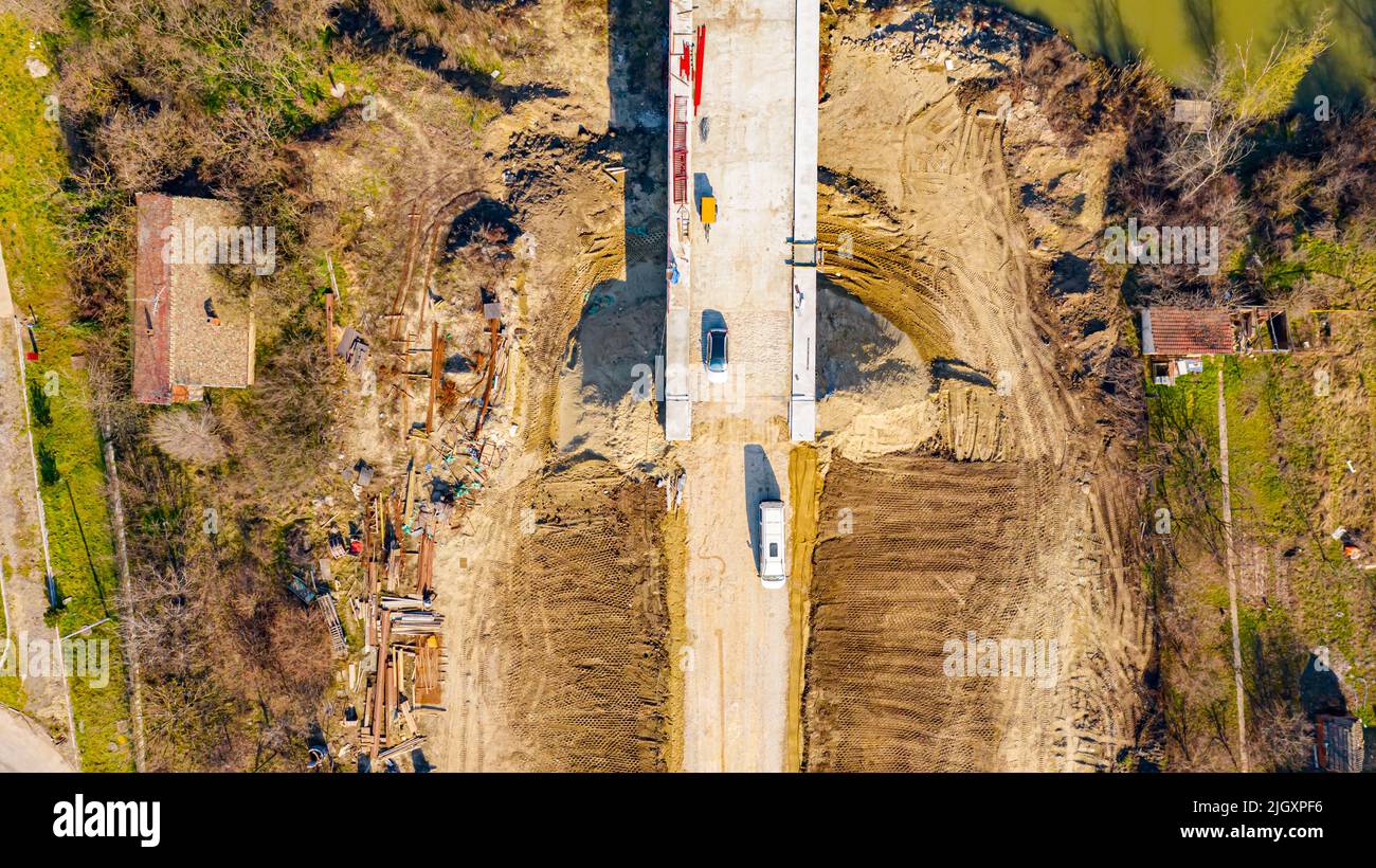 Above top view on the end of new base road foundation, fraction, gravel ...