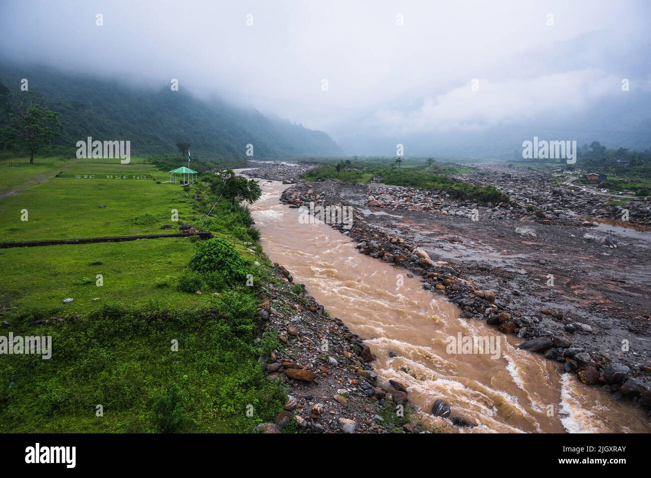 Mountain river Balason during the rainy season flows down to the ...