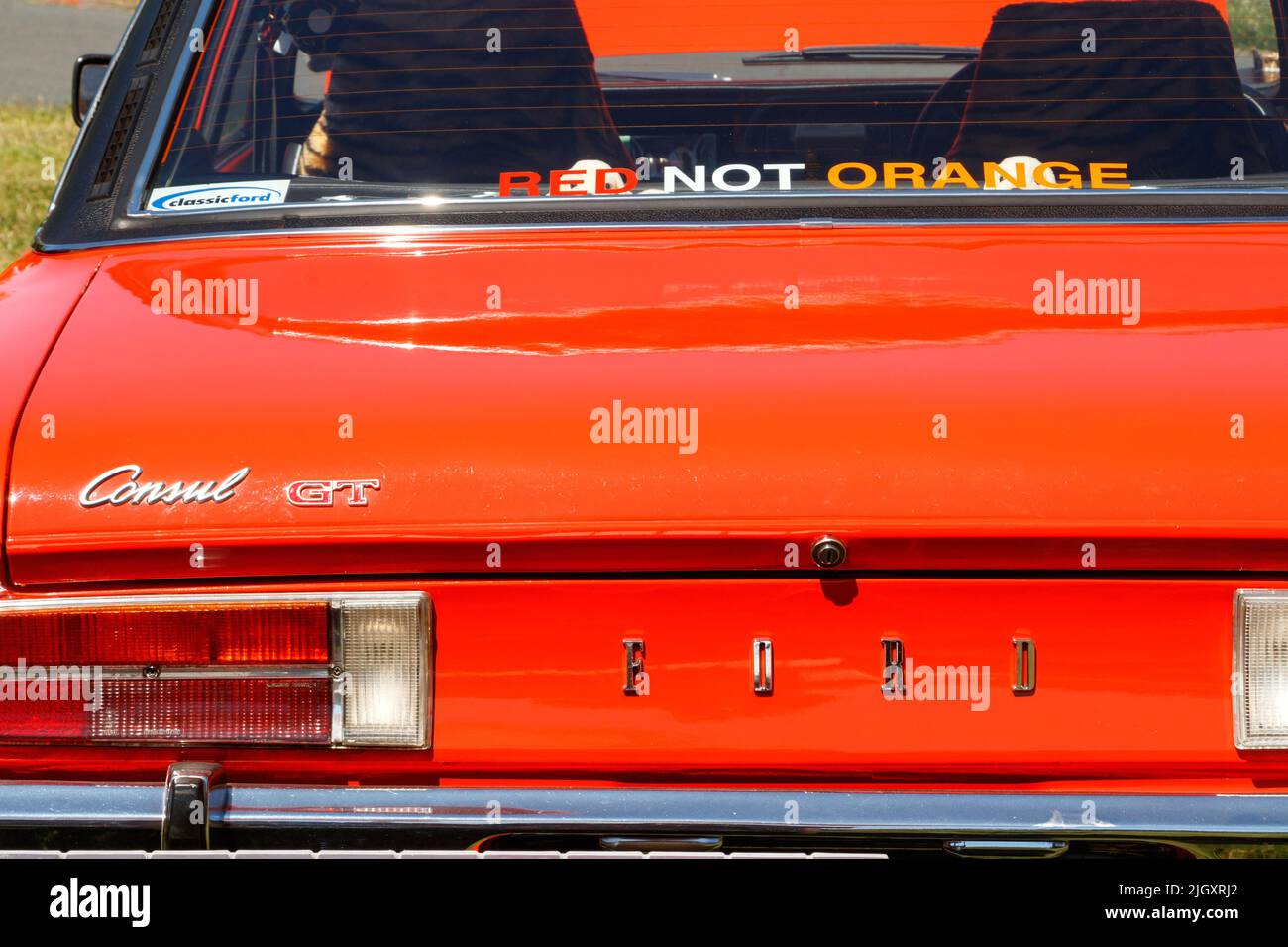 close up of rear of red Ford Consul boot with chrome badges Stock Photo ...