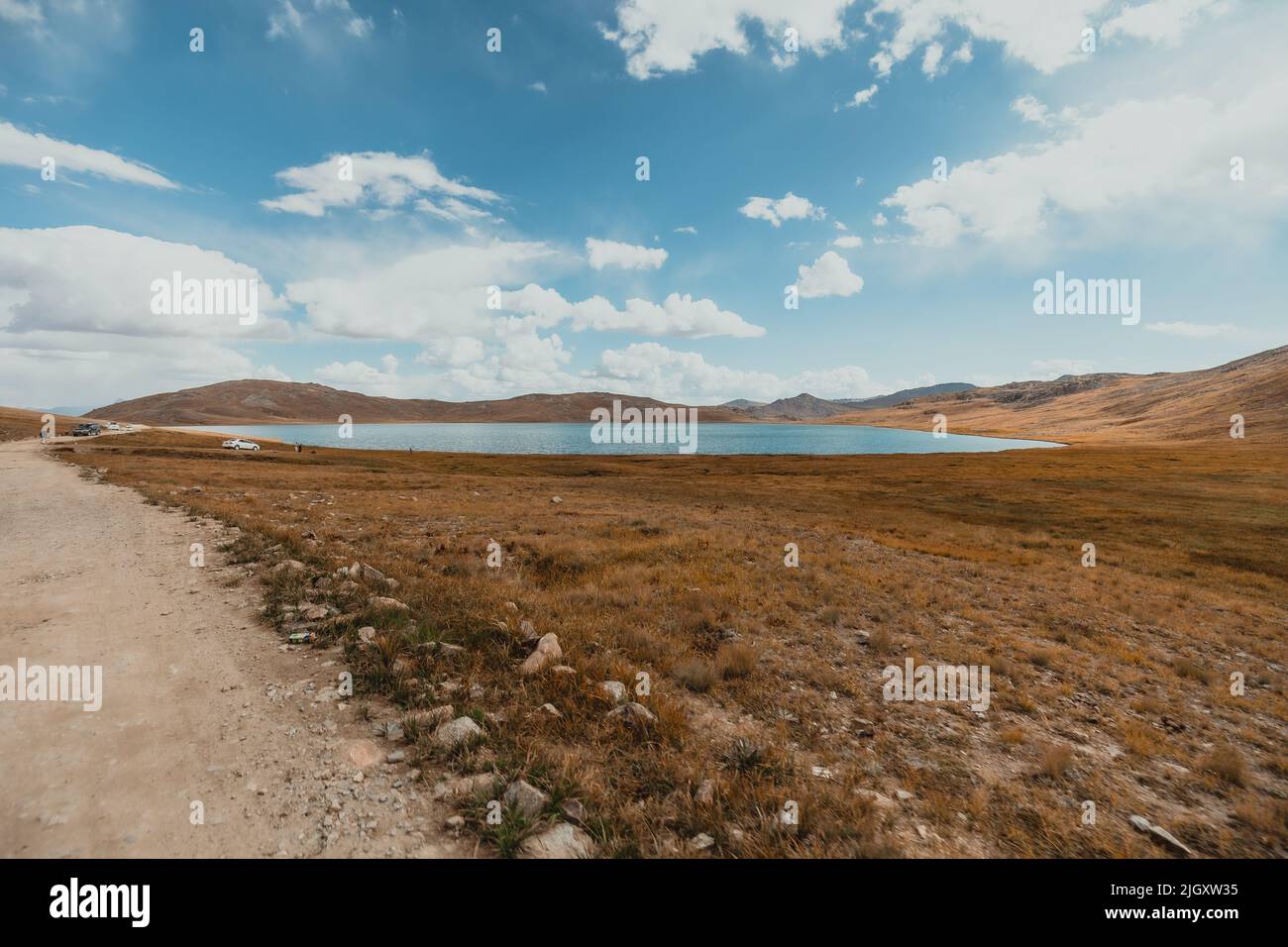 wide landscape view of Shausar lake in Deosai National Park on a sunny ...