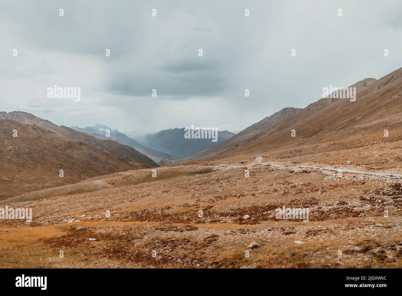 dark thunderstorm clouds over the mountains of Deosai National Park in ...
