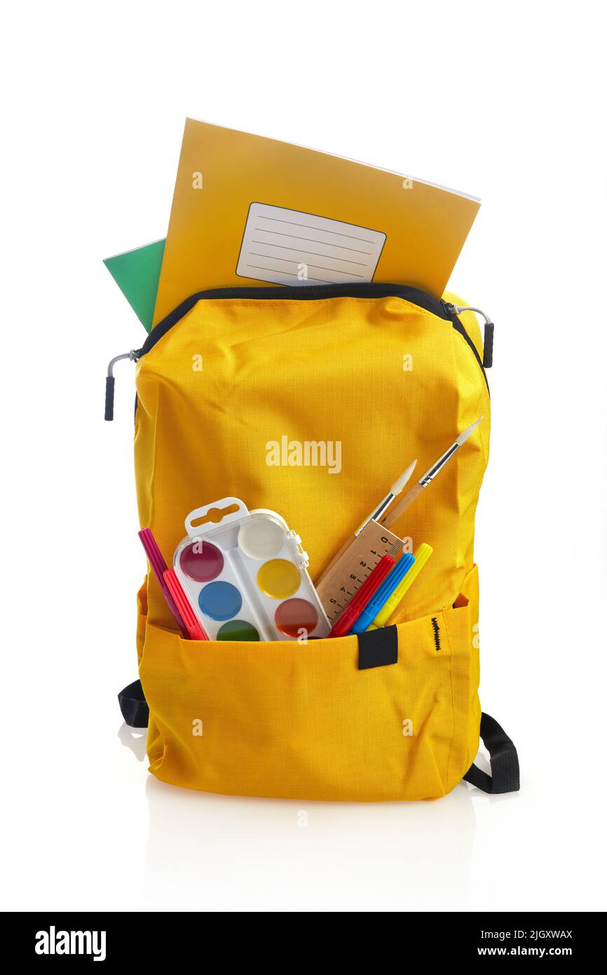 Backpack with school supplies, isolated on white background Stock Photo ...