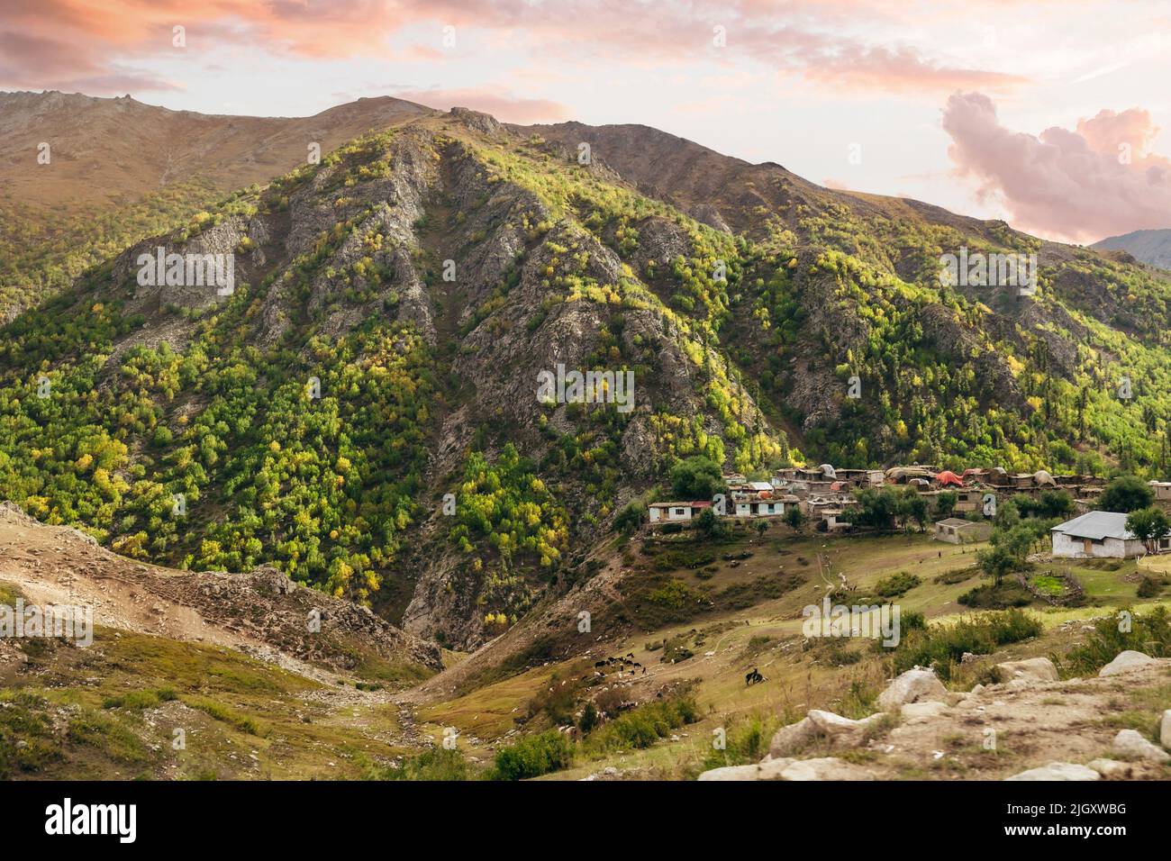 beautiful green mountain landscape with village on a hill in Astore ...