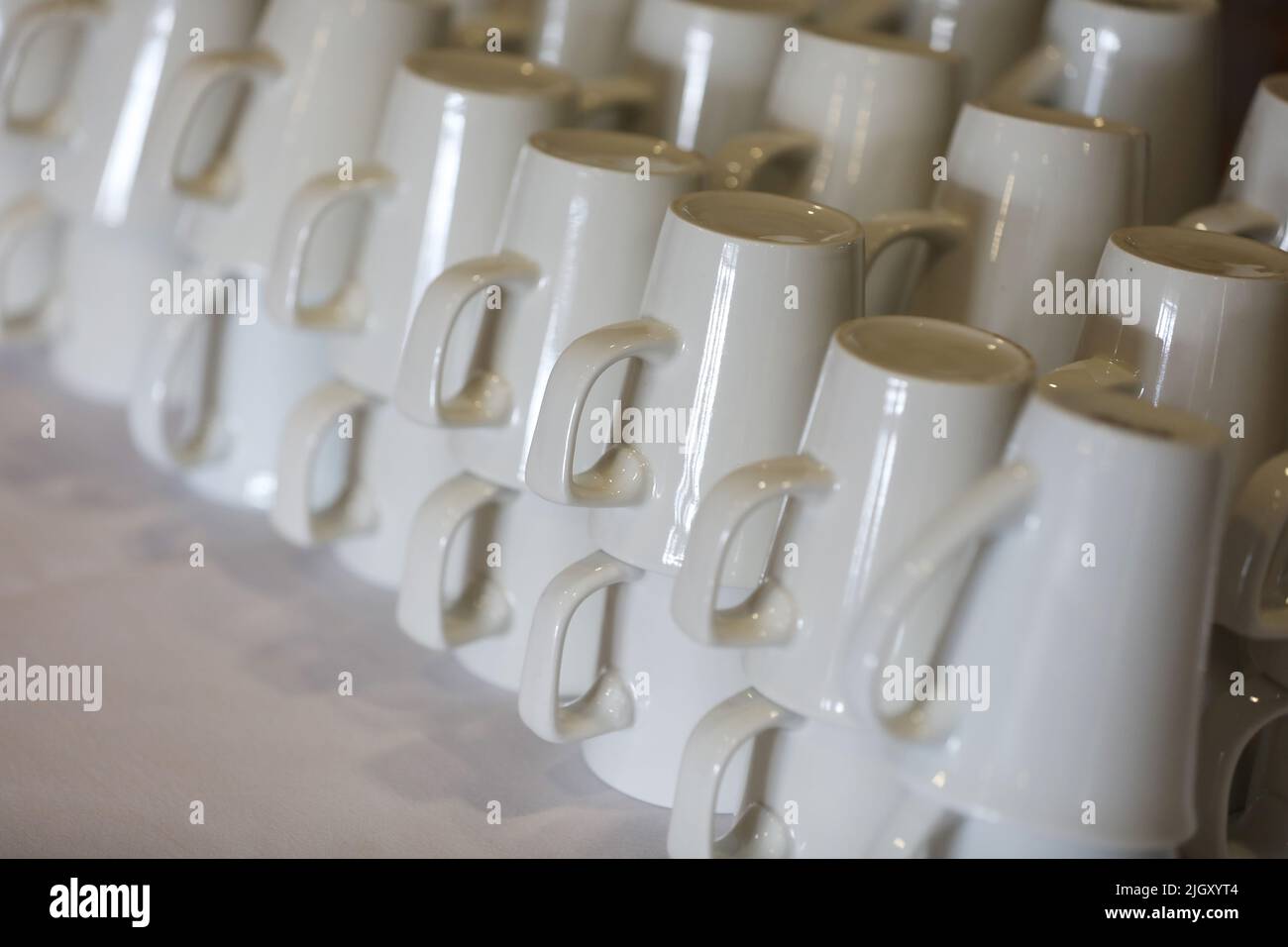 General views of mugs and cups and saucers in a hotel in Sussex, UK ...