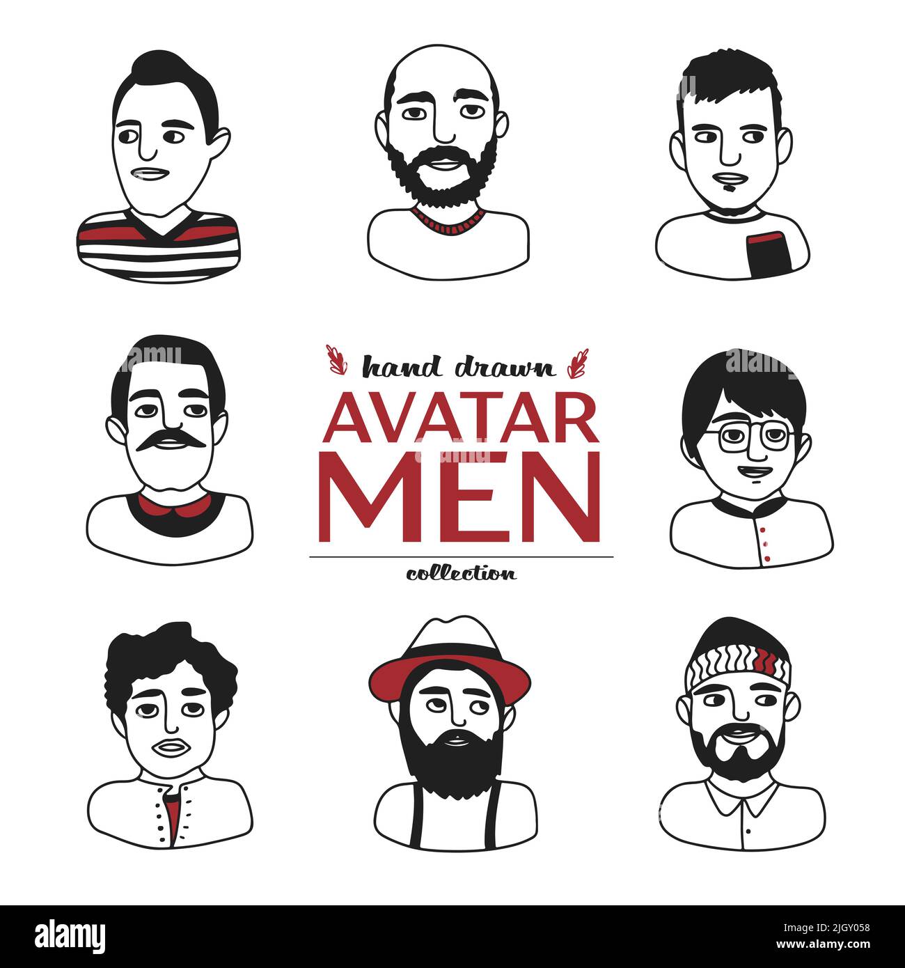 Men avatars collection, hand drawn black and white graphics, cartoon ...