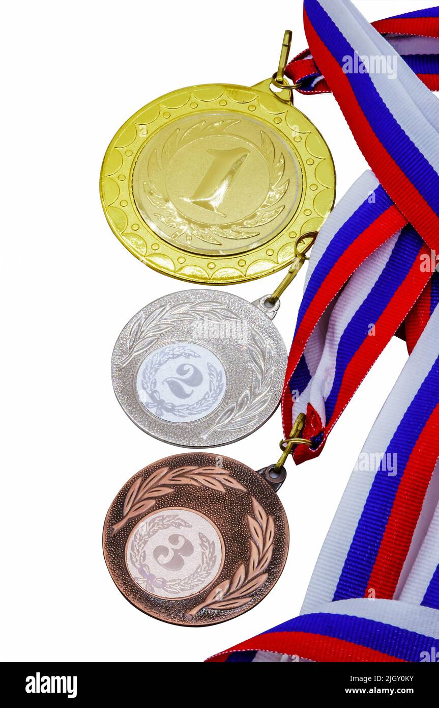 A sports award. Medals for sports achievements. Medals gold, silver and ...
