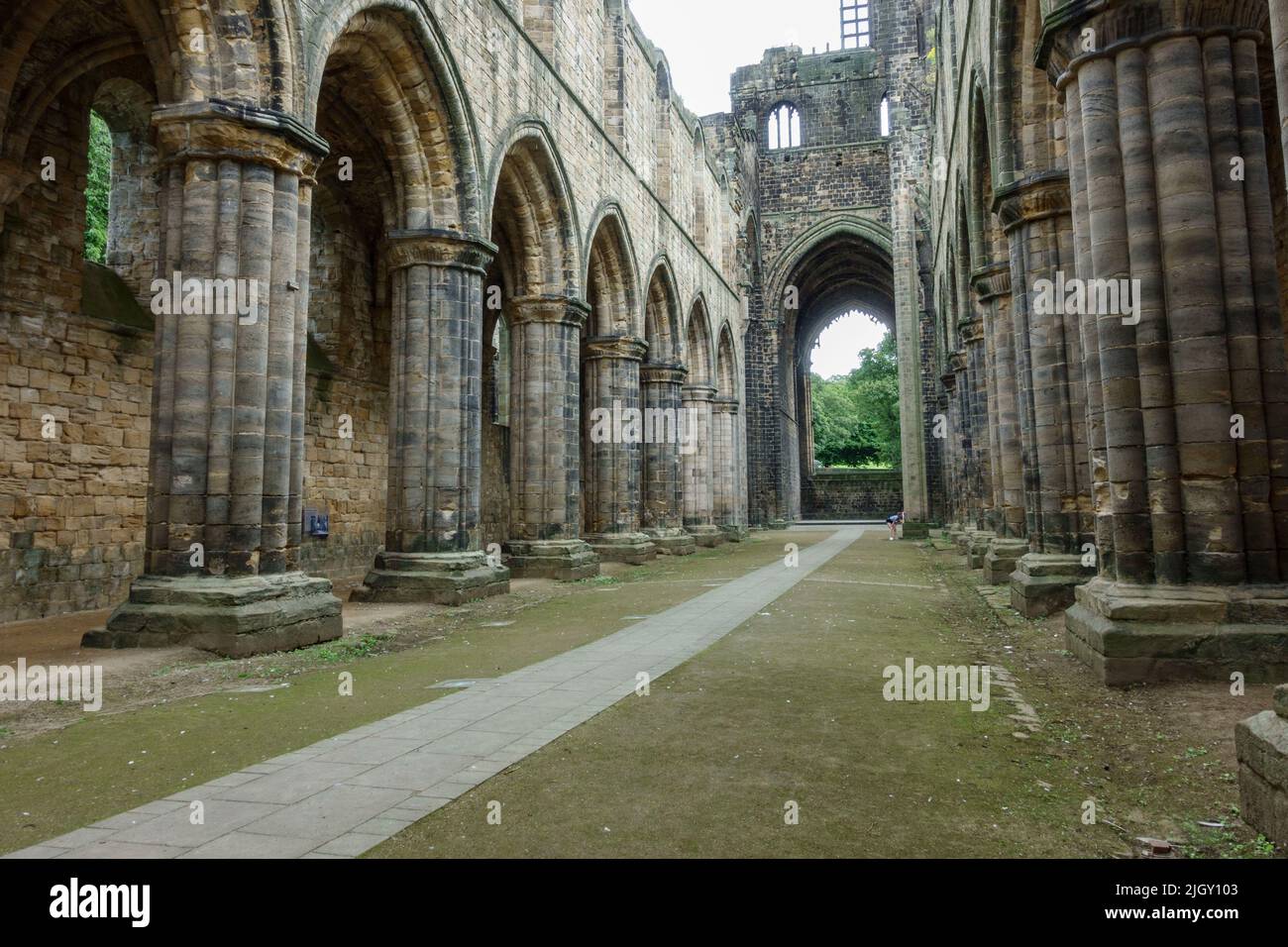 View up the nave towards the altar of Kirkstall Abbey, a ruined ...