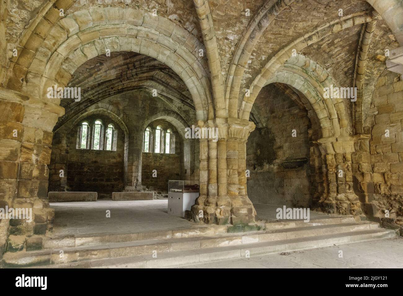 The Chapter house in Kirkstall Abbey, a ruined Cistercian monastery in ...