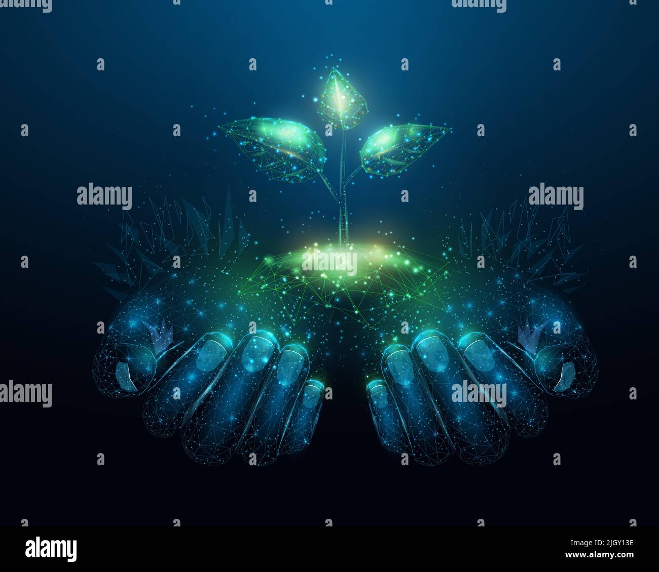 Two human hands are holds green sprout. Glowing low poly hands and ...
