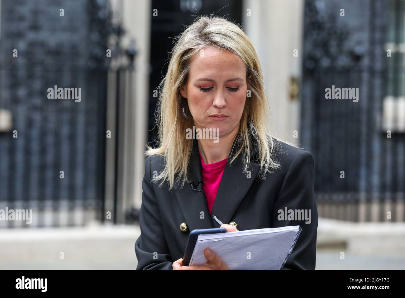 London, UK. 07th July, 2022. Sky News reporter Sophy Ridge prepares to ...