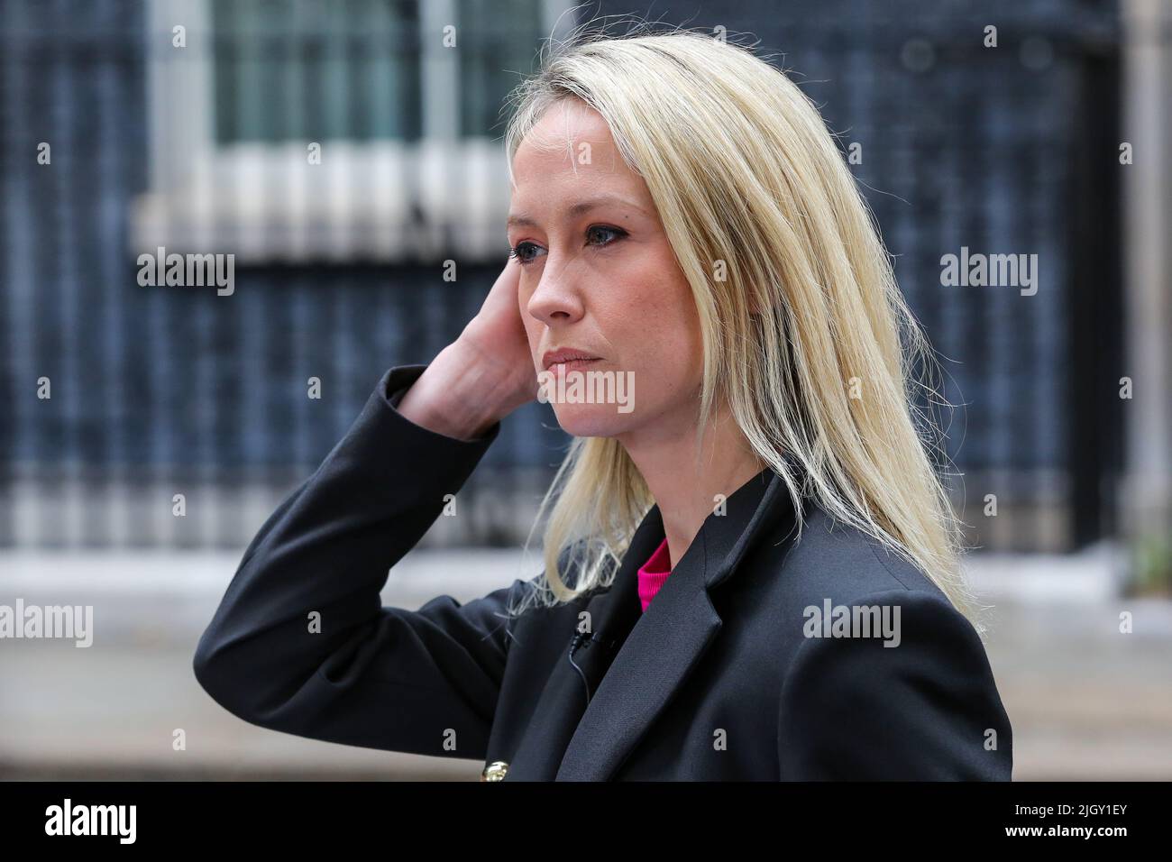 London, UK. 07th July, 2022. Sky News reporter Sophy Ridge prepares to ...