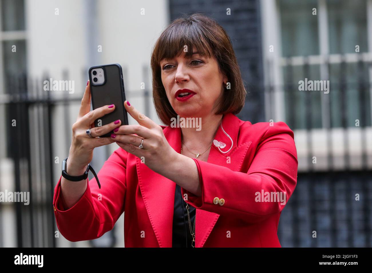 Sky News political editor Beth Rigby takes a video on her mobile phone ...