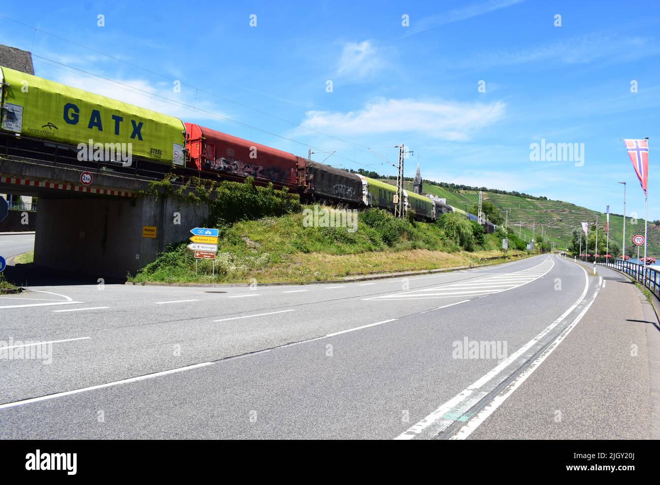 waterfront road in Winningen with a passing train Stock Photo - Alamy