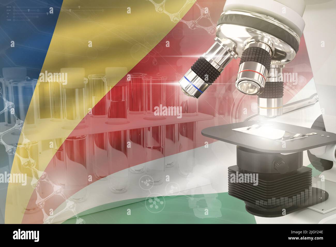 Seychelles science development digital background - microscope on flag ...