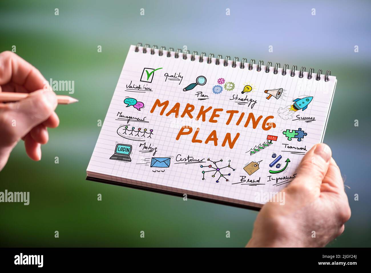 Hand drawing marketing plan concept on a notepad Stock Photo - Alamy
