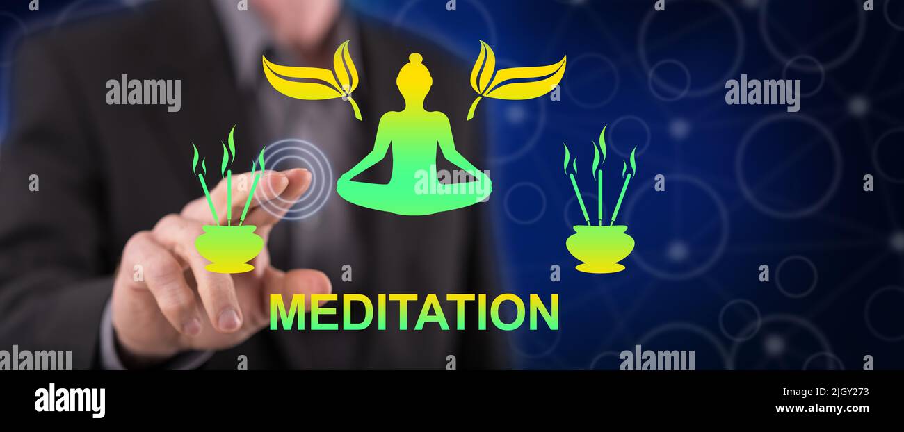 Man touching a meditation concept on a touch screen with his finger ...