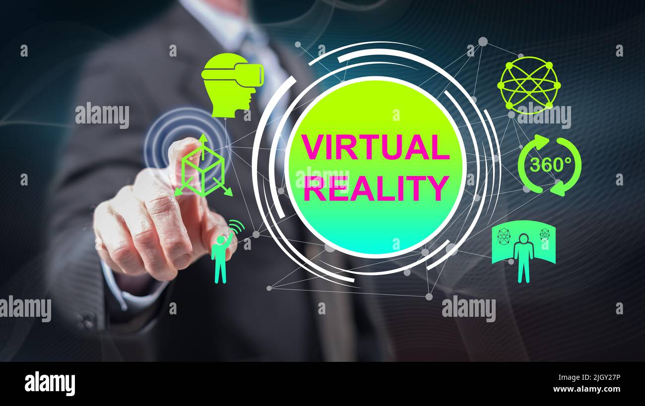 Man touching a virtual reality concept on a touch screen with his ...