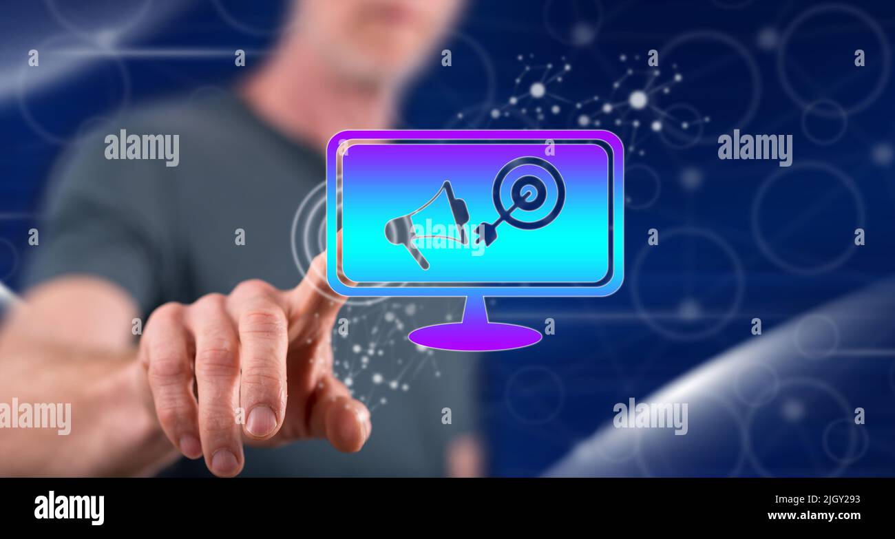 Man touching an ad targeting concept on a touch screen with his finger ...