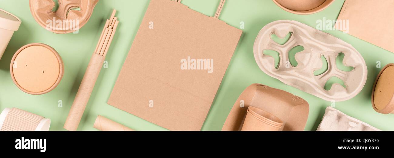 Flat lay banner background with eco tableware, paper utensils and ...