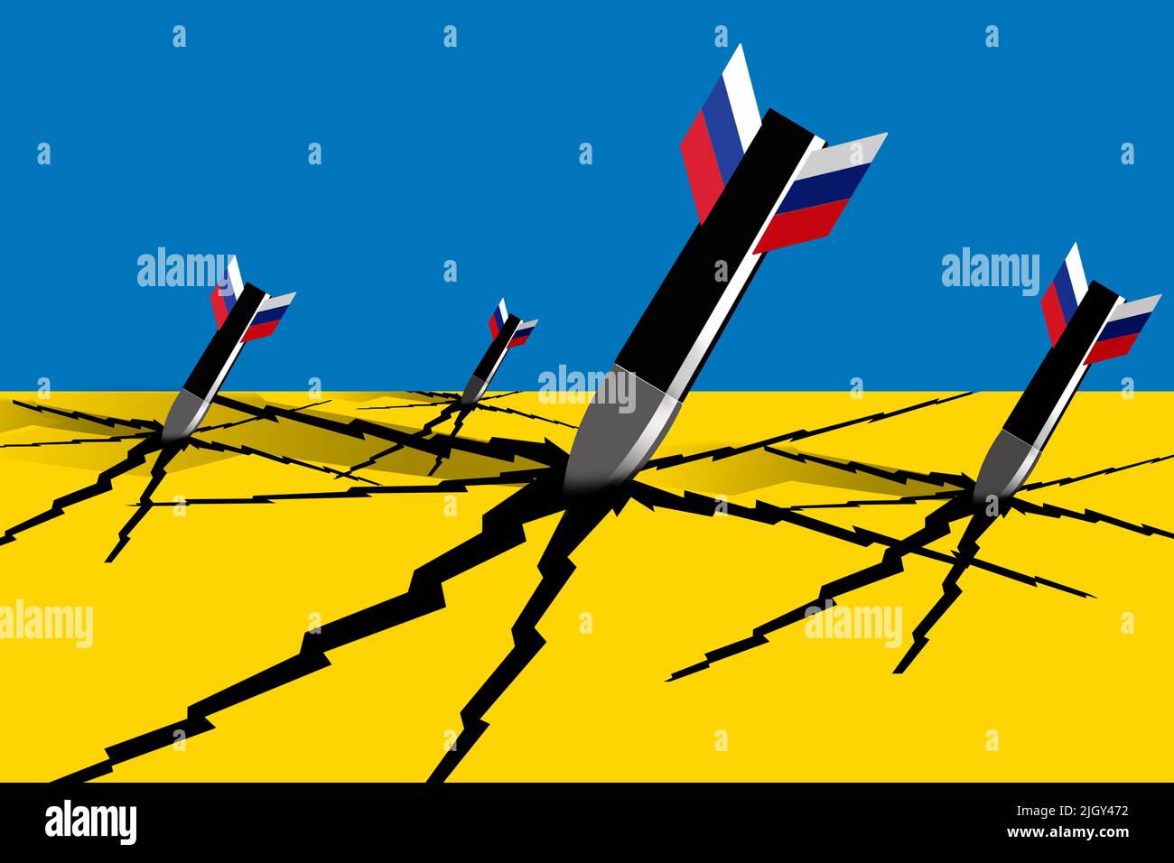 War in Ukraine. Ukraine flag with Russian missiles falling on the ...