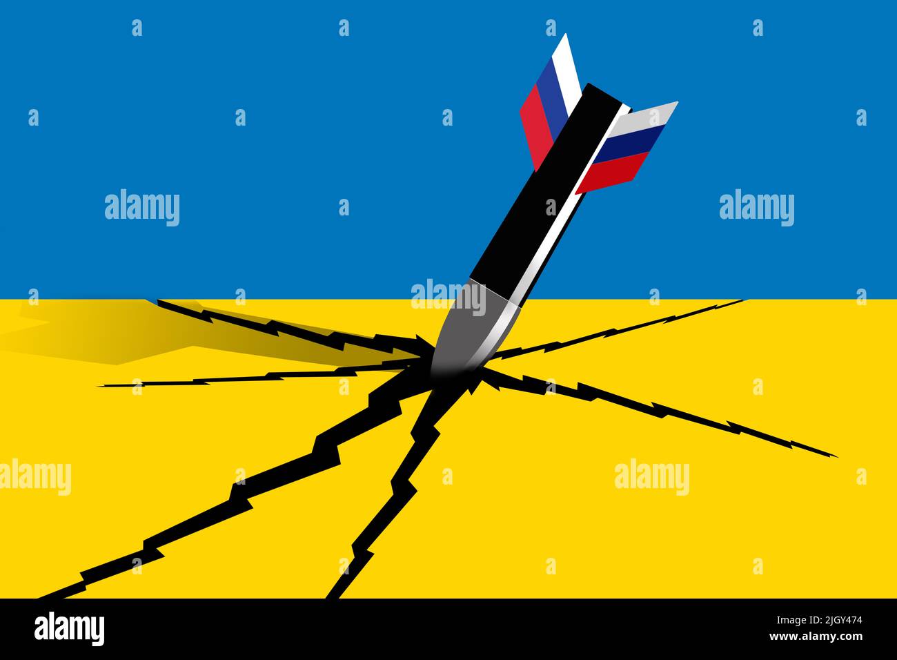 War in Ukraine. Ukraine flag with Russian missiles falling on the ...