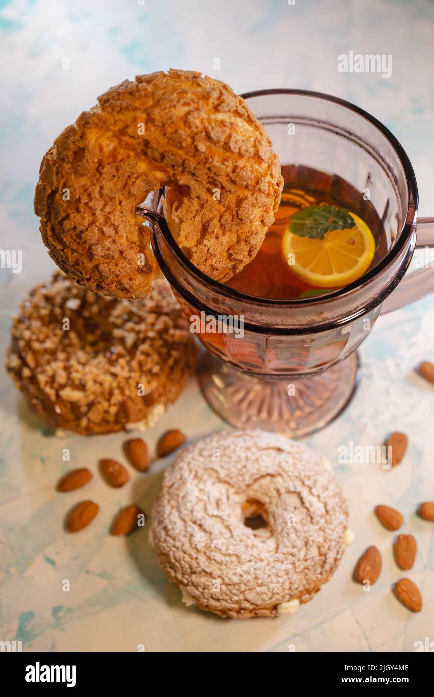 delicious donut with nuts and stuffing top view Stock Photo - Alamy